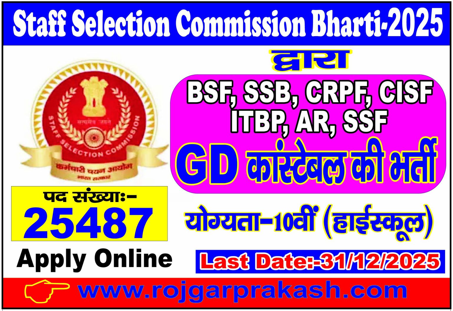 Rojgar Prakash » SSC (GD Constable) Recruitment-2025, Post-25487 ...